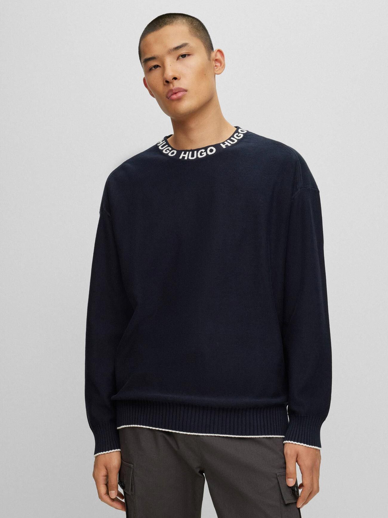 HUGO Mens Navy Smarlo Jumper | Designerwear