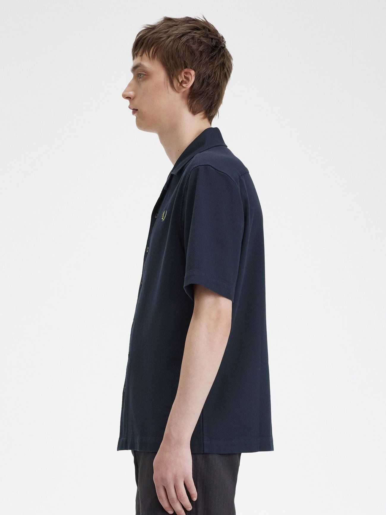 Fred Perry Mens Navy Pique Texture Revere Collar Shirt | Designerwear