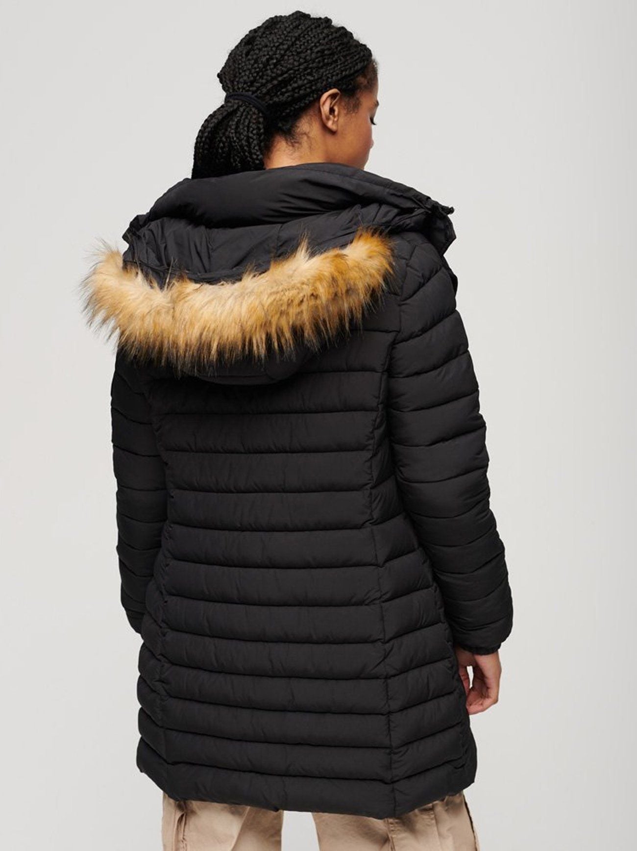 Superdry Womens Black Fuji Hooded Mid Length Puffer Jacket | Designerwear