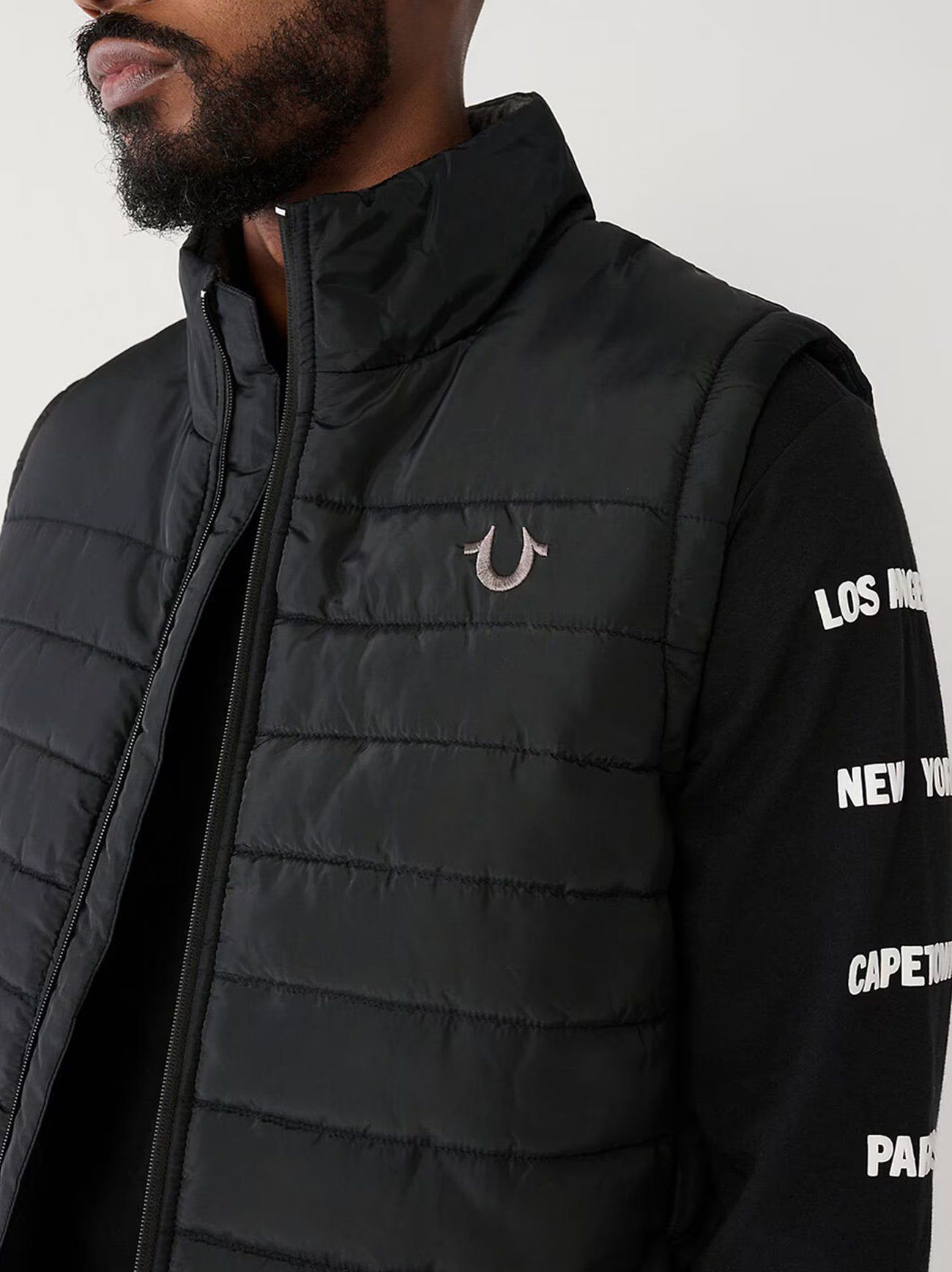 True Religion Mens Jet Black Horseshoe Puffer Vest | Designerwear