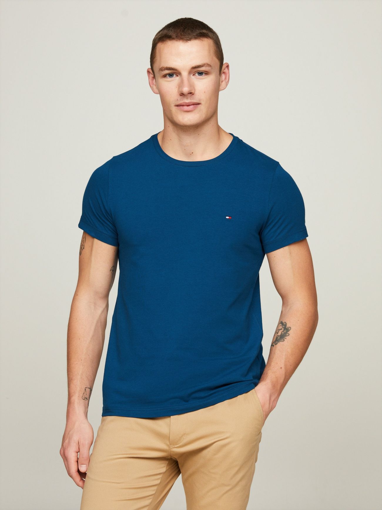 Tommy Hilfiger Mens Anchor Blue Stretch Slim Fit T-Shirt | Designerwear