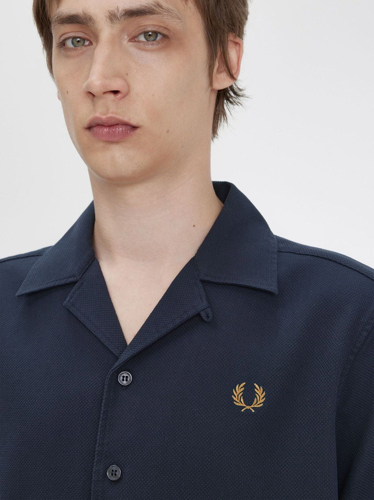 Fred Perry Mens Navy Pique Texture Revere Collar Shirt | Designerwear