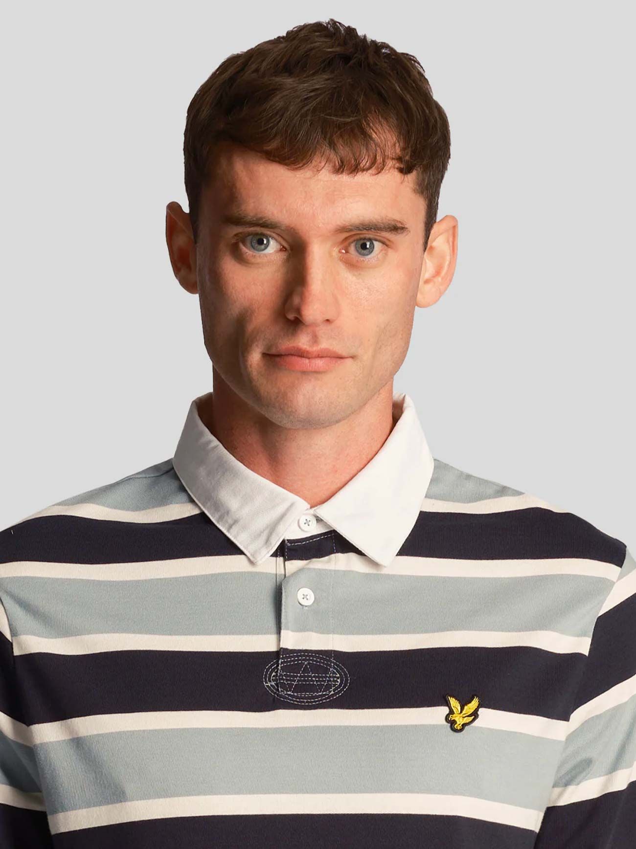 Lyle and Scott Mens Slate Blue Stripe Rugby Polo Shirt | Designerwear