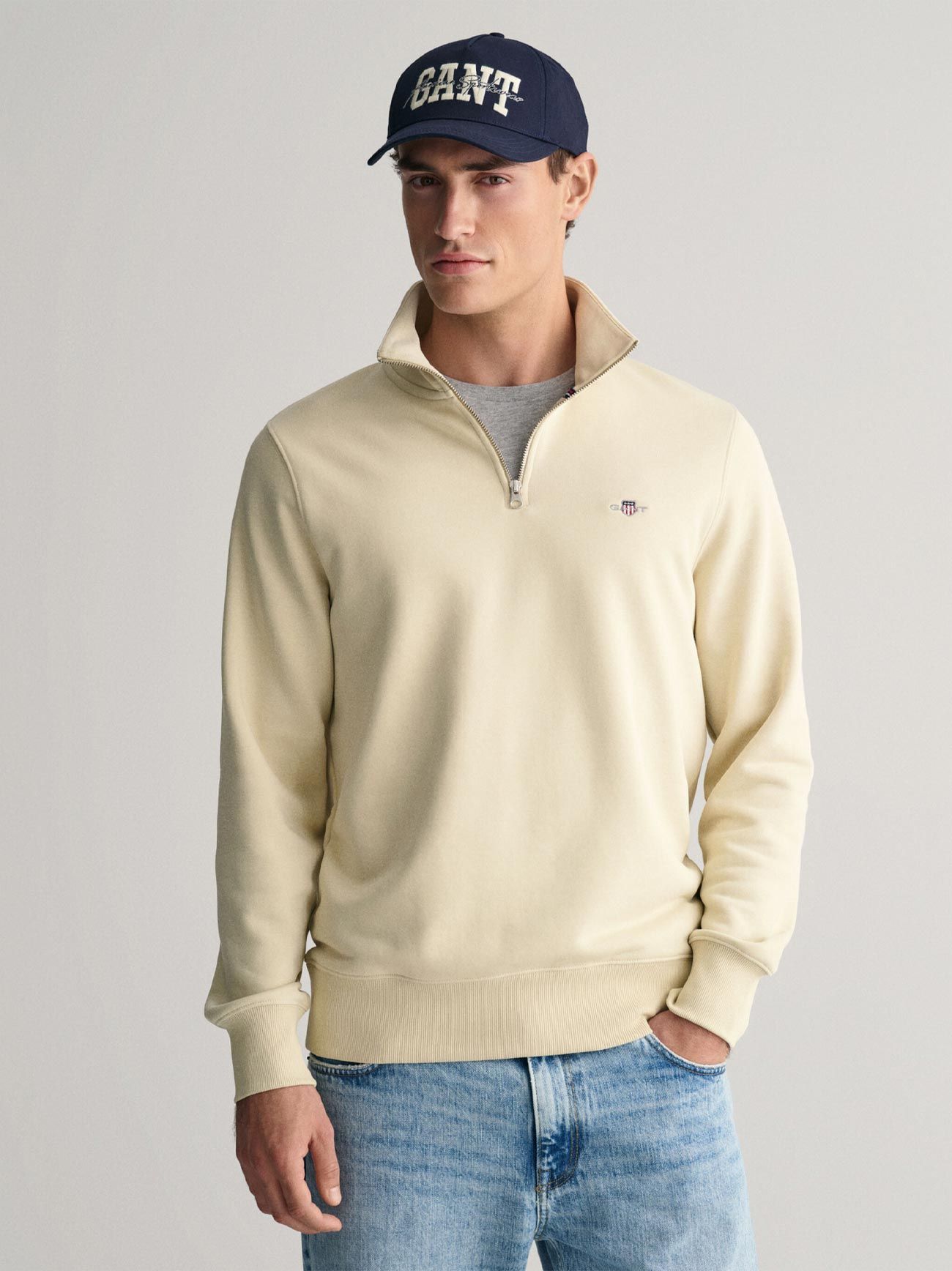 GANT Mens Silky Beige Regular Fit Shield Logo Half Zip Sweatshirt ...