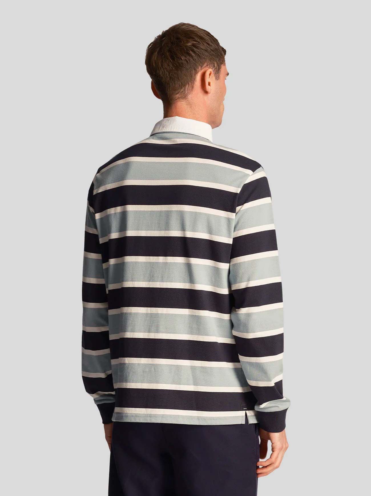Lyle and Scott Mens Slate Blue Stripe Rugby Polo Shirt | Designerwear