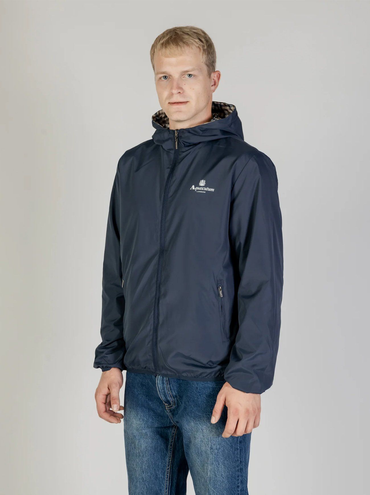 Aquascutum Mens Navy Reversible Hooded Sailor Jacket | Designerwear