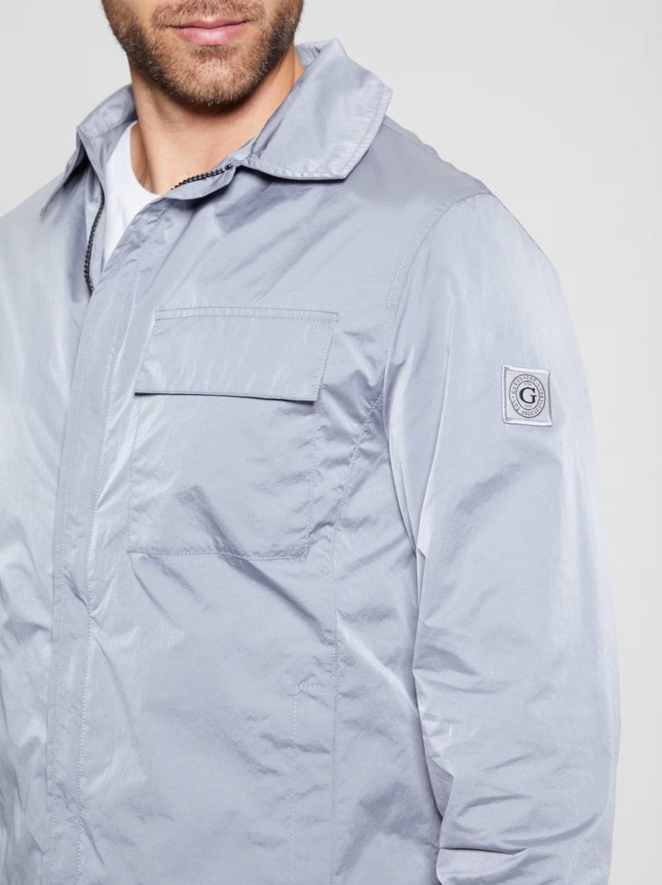 GUESS Mens Light Blue Sky Branded Shacket | Designerwear