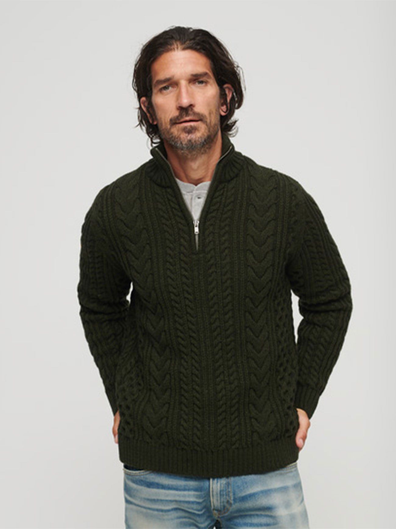 Superdry Mens Surplus Goods Olive Vintage Jacob Henley Jumper | Designerwear