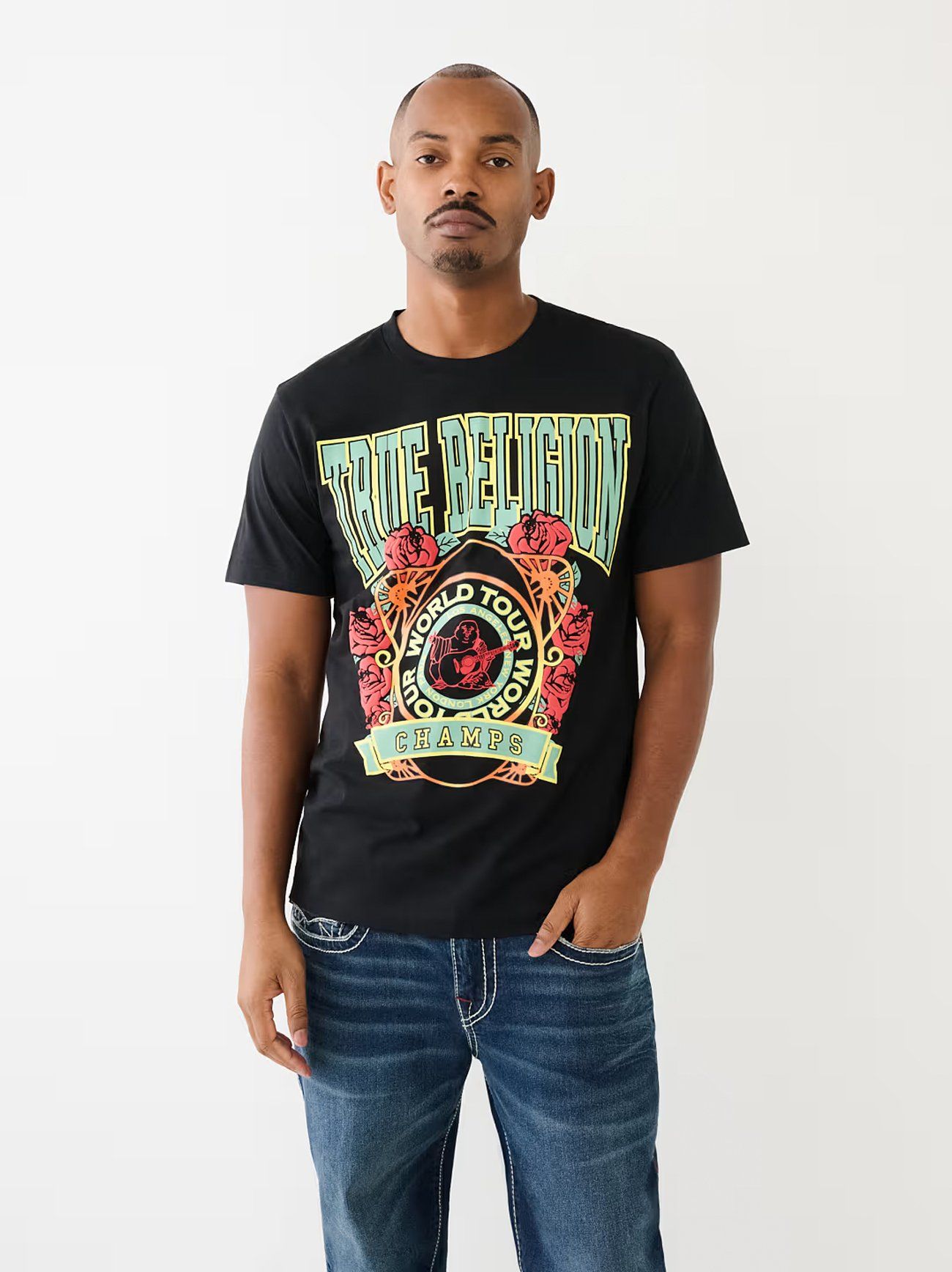 True Religion Mens Jet Black Champs Puff Print T-Shirt | Designerwear