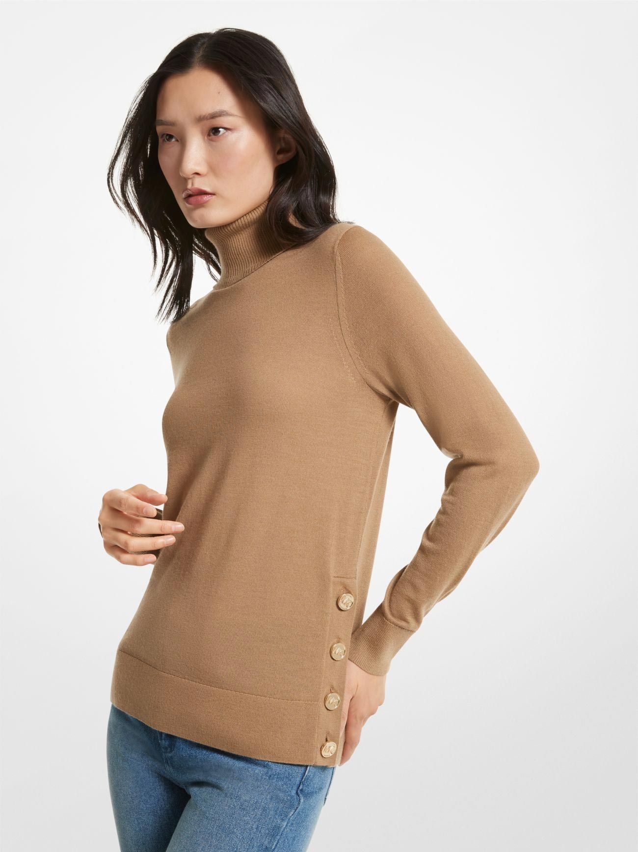 Michael Kors Womens Dark Camel Merino Button Slit Jumper Designerwear