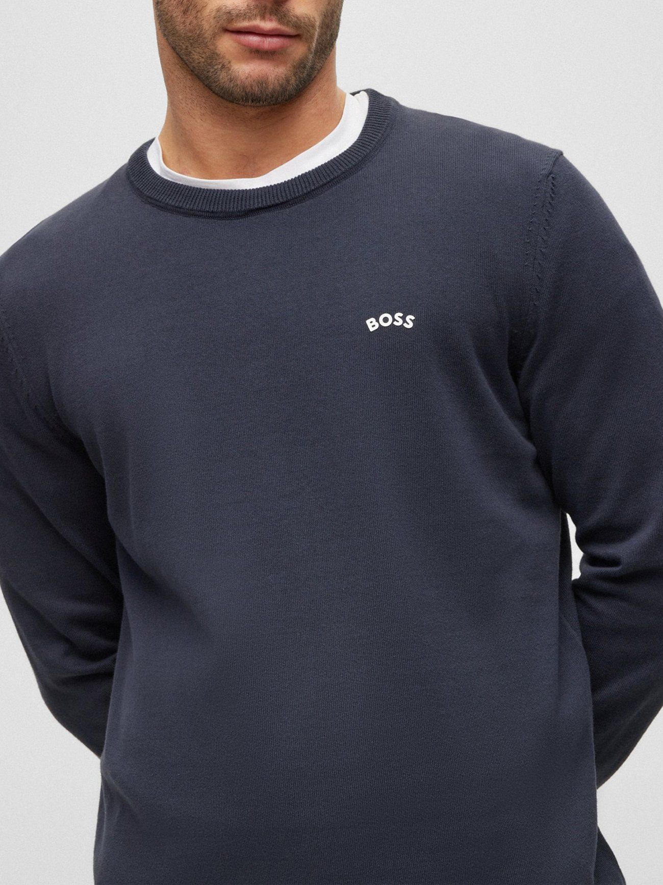 BOSS Dark Blue Rallo Curved Logo Sweater | Designerwear | Buy Now Pay ...
