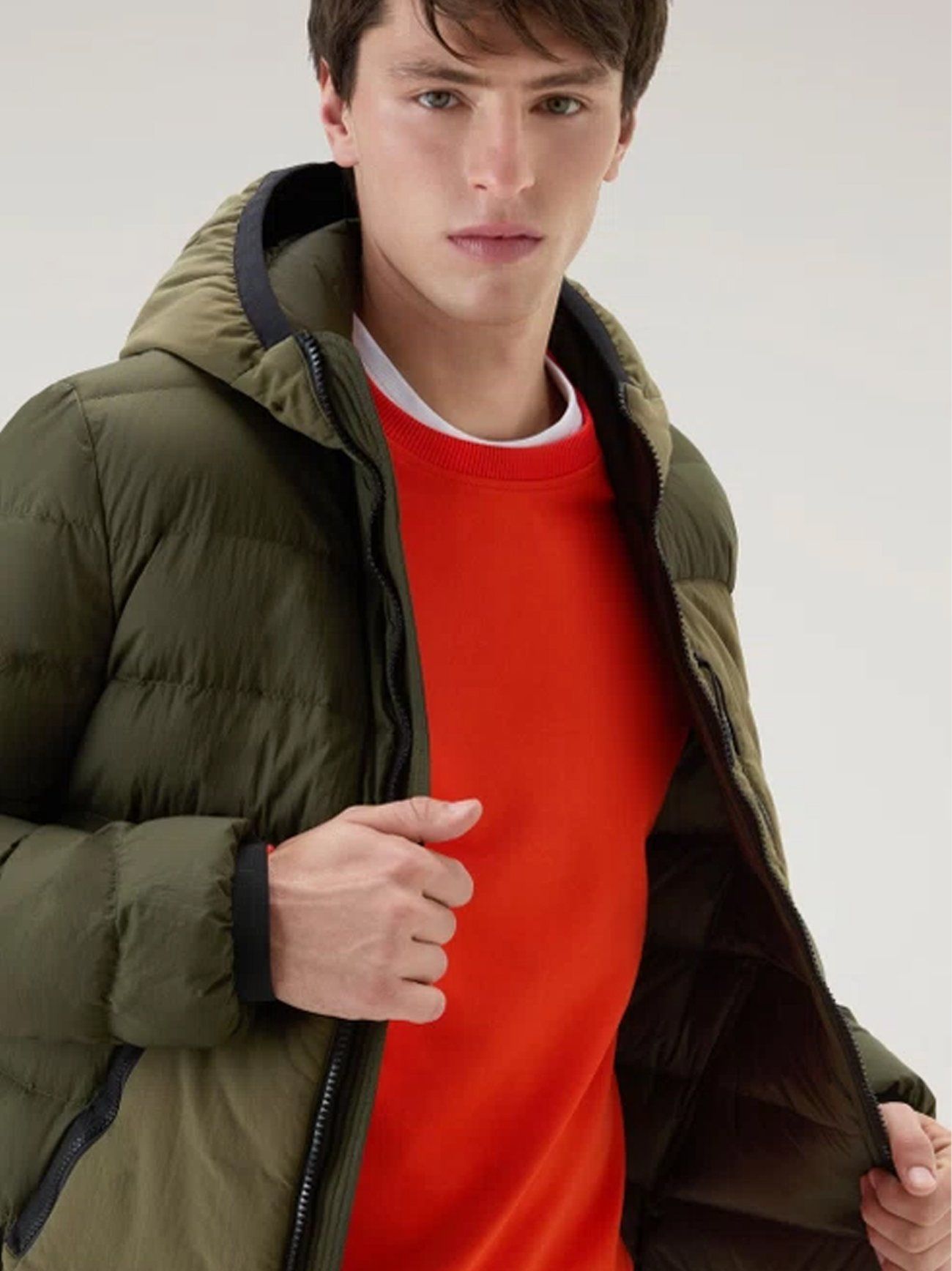 Woolrich Mens Dark Green Lobster Crinkle Down Hybrid Jacket | Designerwear