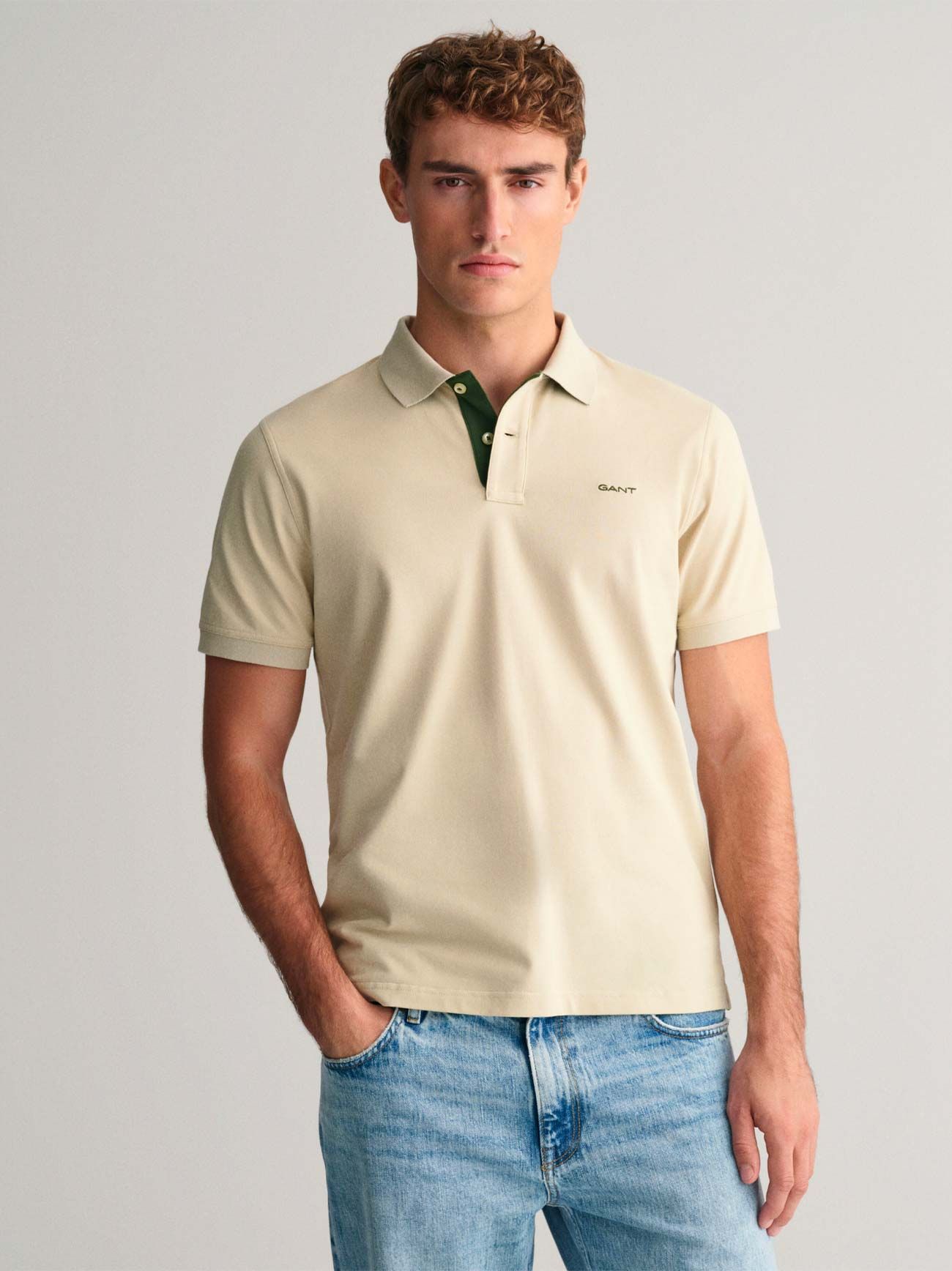 GANT Mens Silky Beige Regular Fit Contrast Pique Polo Shirt | Designerwear