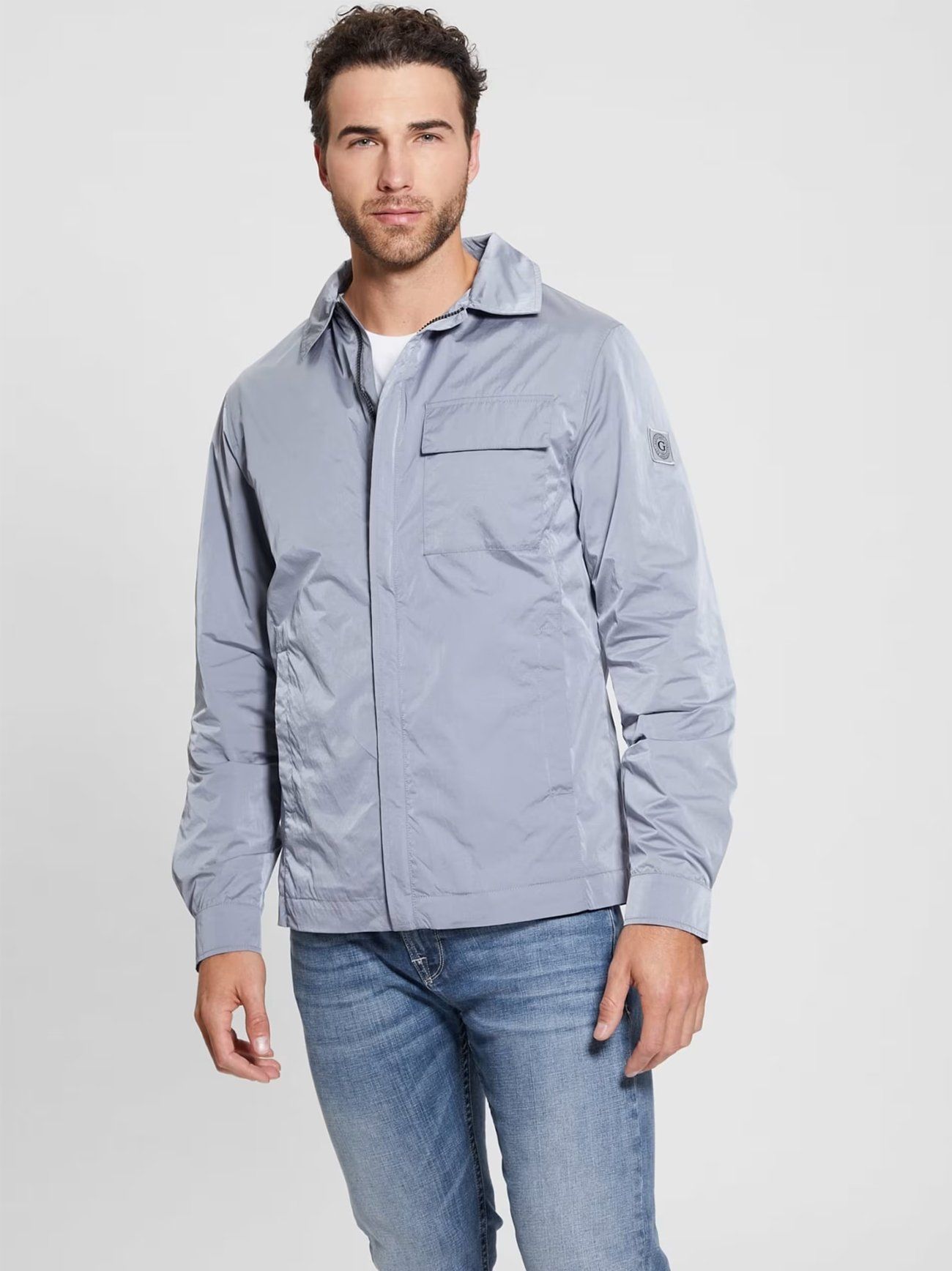 GUESS Mens Light Blue Sky Branded Shacket | Designerwear