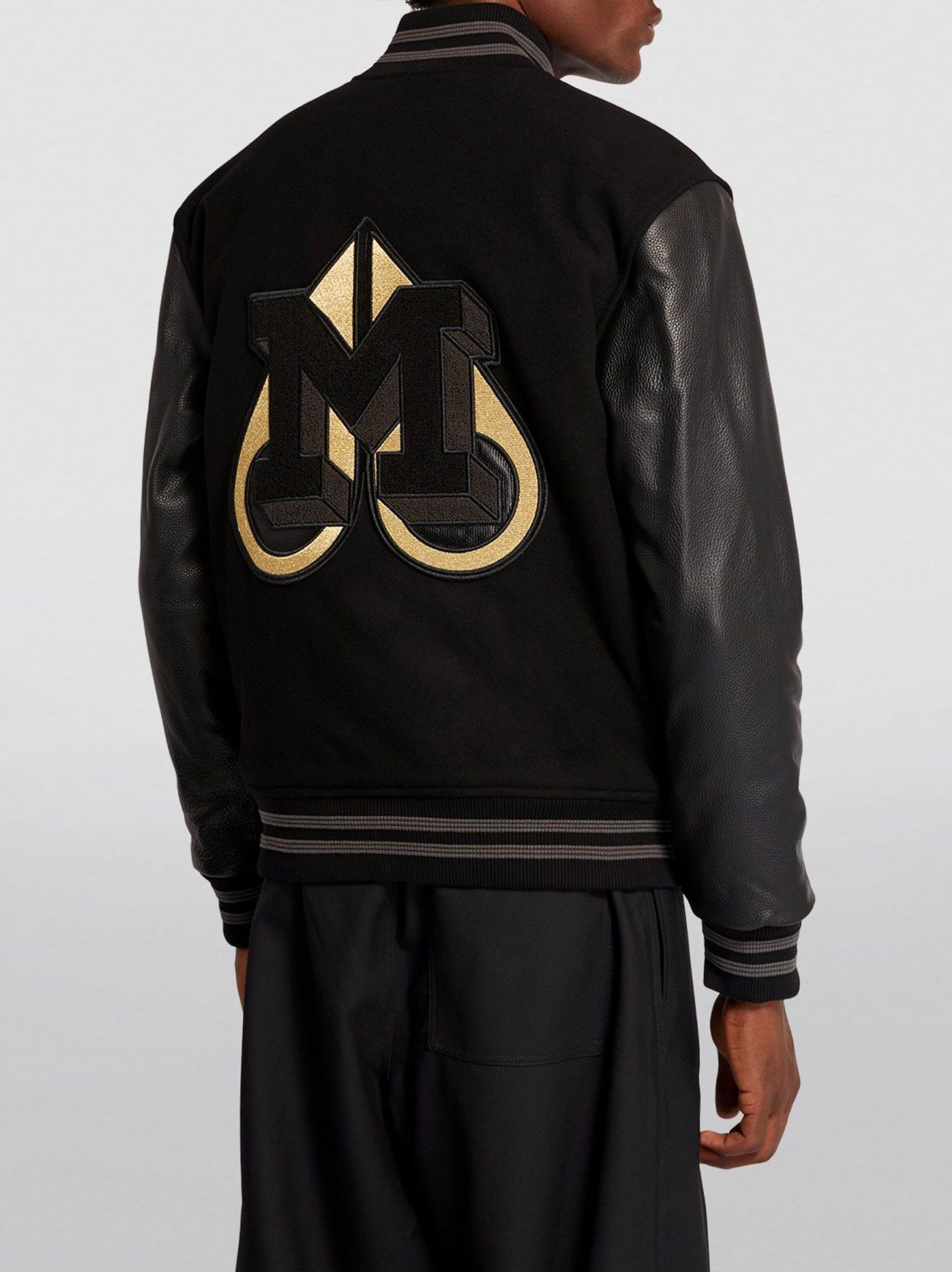Moose Knuckles Mens Black Gold Moose Varsity Bomber Jacket | Designerwear