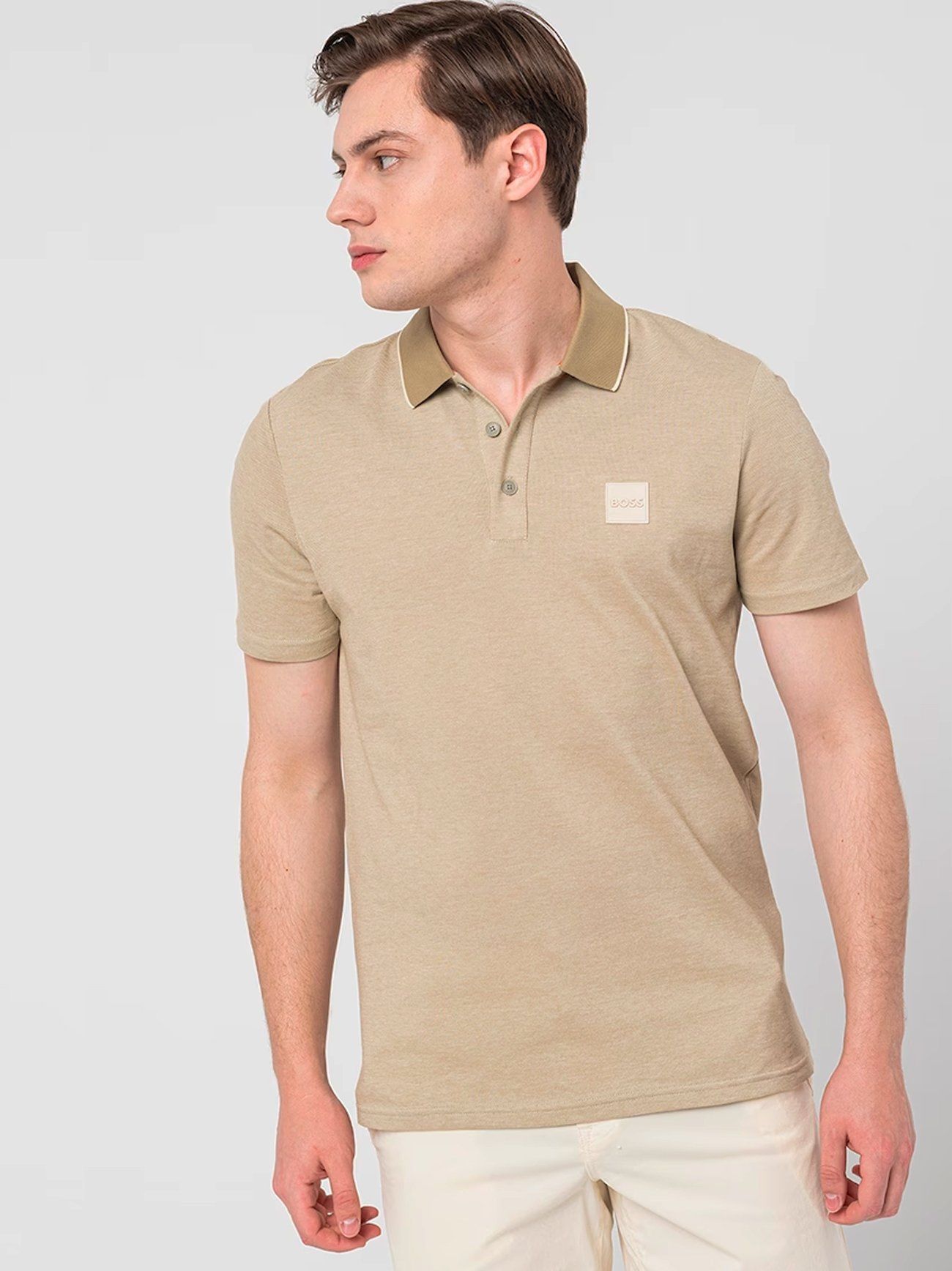 BOSS Medium Beige PeOxford Logo Badge Polo Shirt | Designerwear | Pay ...