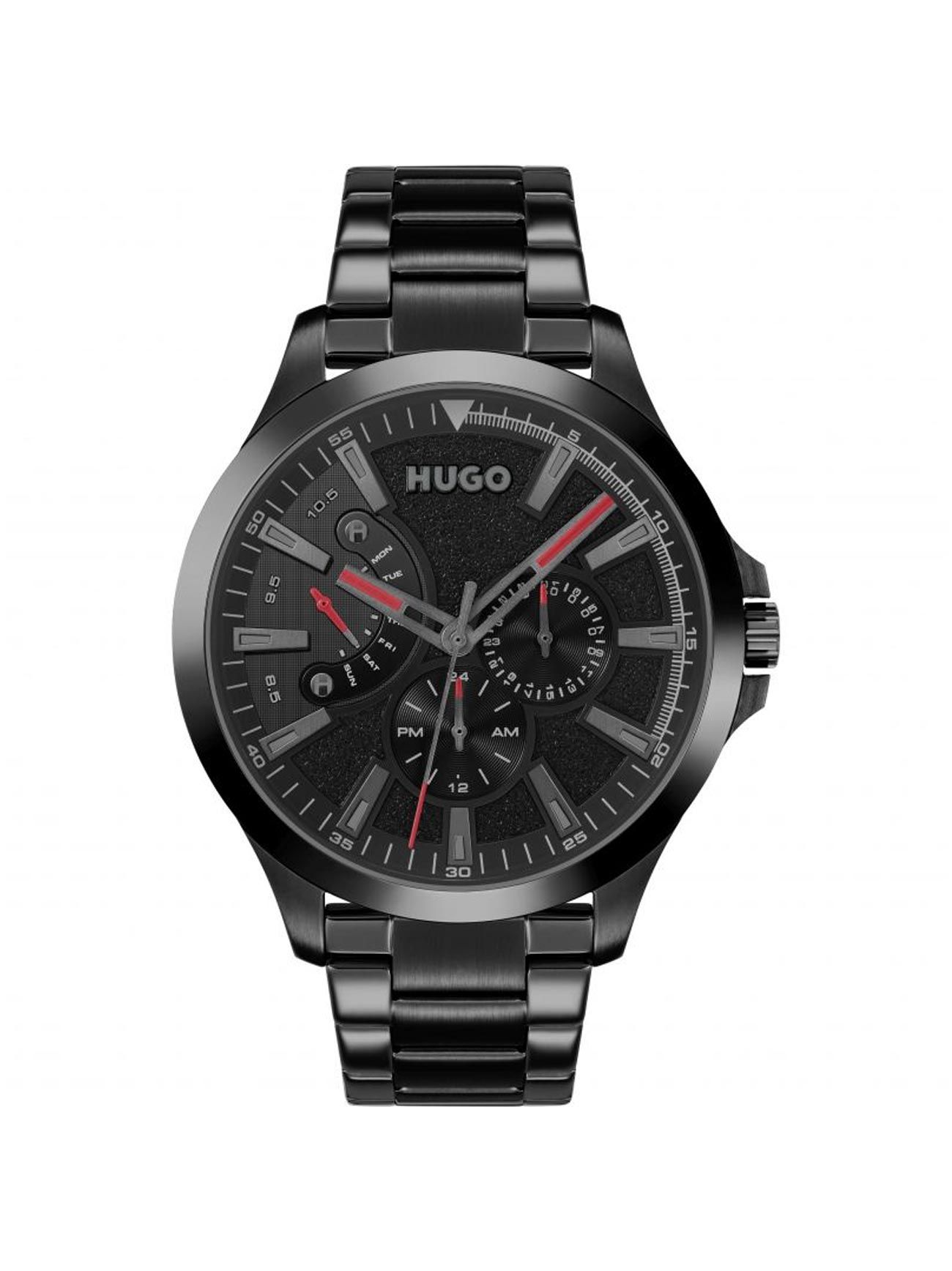 HUGO Mens Black Steel LEAP Watch | Designerwear