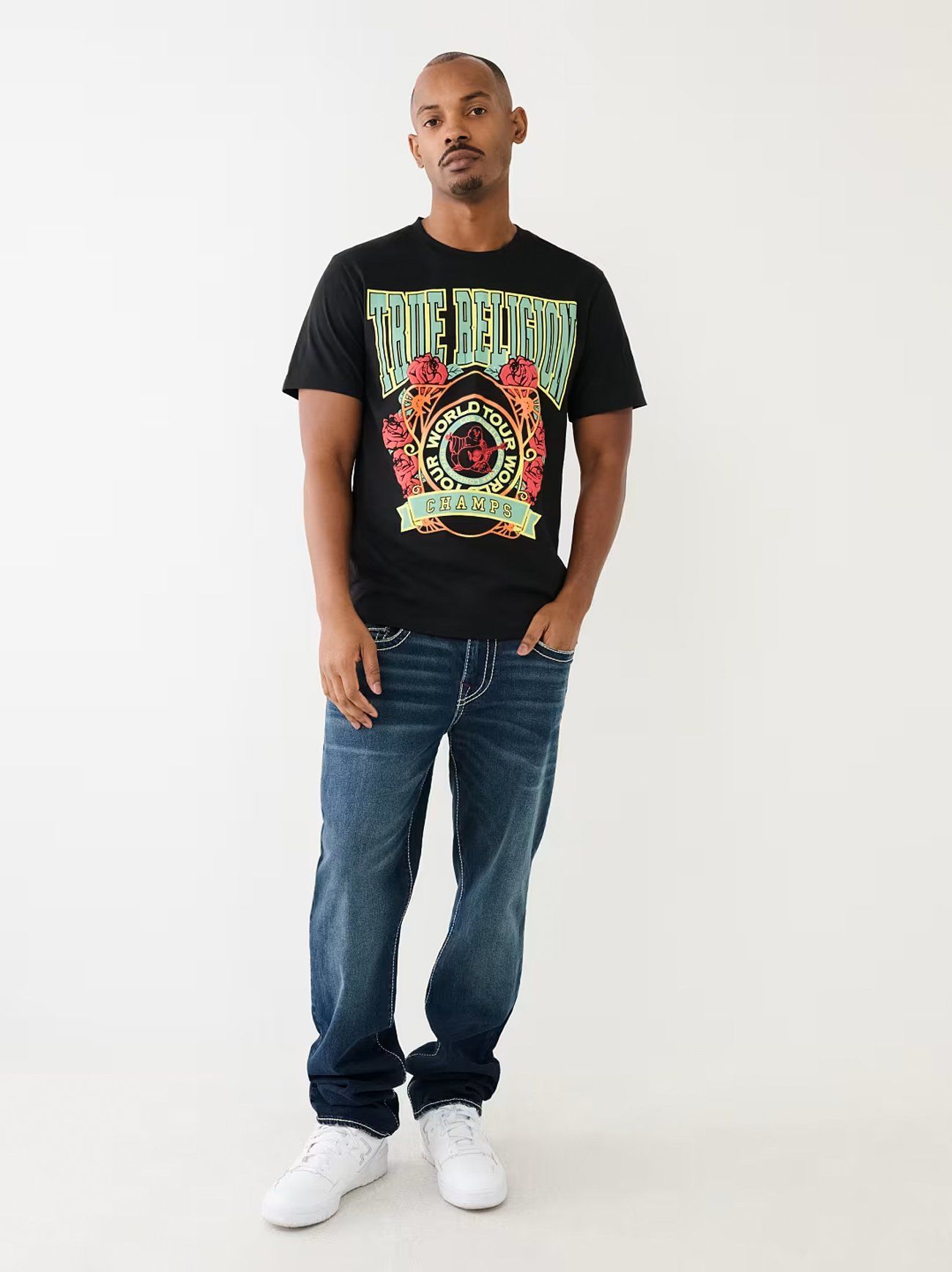 True Religion Mens Jet Black Champs Puff Print T-Shirt | Designerwear