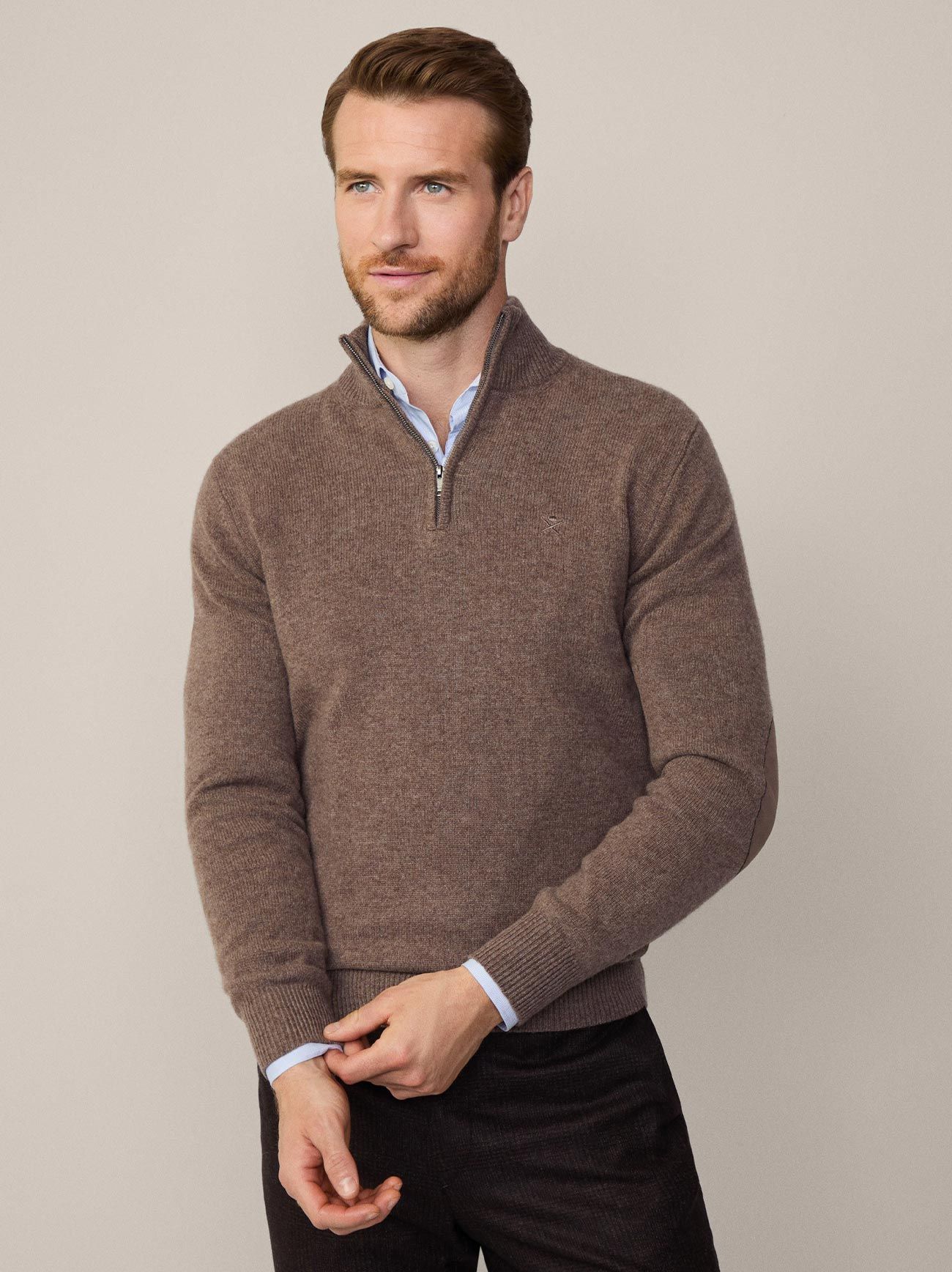 Hackett Mens Malt Beige Lambswool Half Zip Jumper | Designerwear