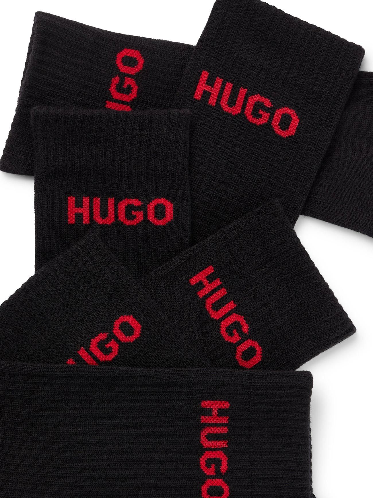 HUGO Mens Black 6-Pack Ribbed Logo Sock | Designerwear