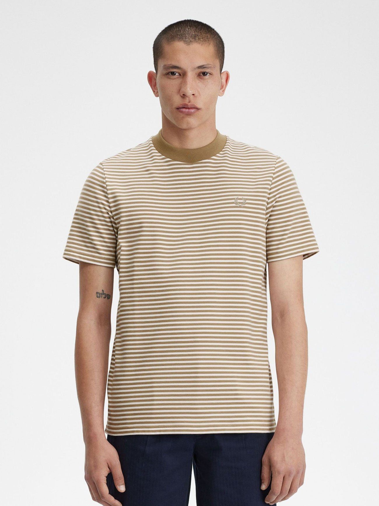 Fred Perry Mens Snow White Warm Stone Fine Stripe Heavy Weight T-Shirt ...