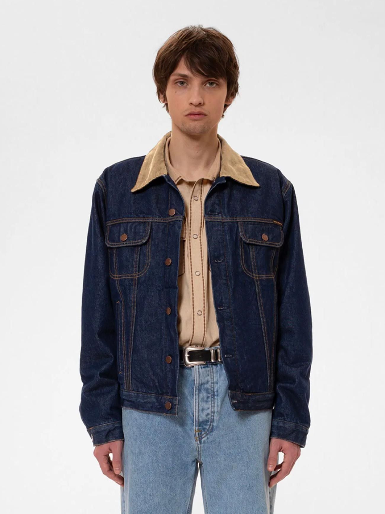 Nudie Jeans Mens Dark Blue Johnny Thunder Denim Jacket | Designerwear