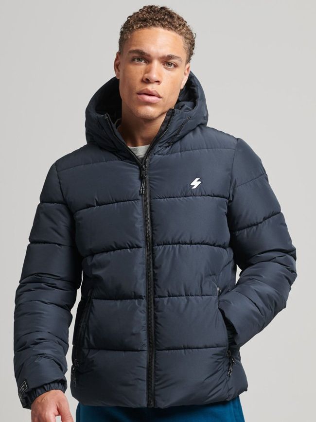 Superdry Mens Eclipse Navy Hooded Sports Puffer Jacket | Designerwear