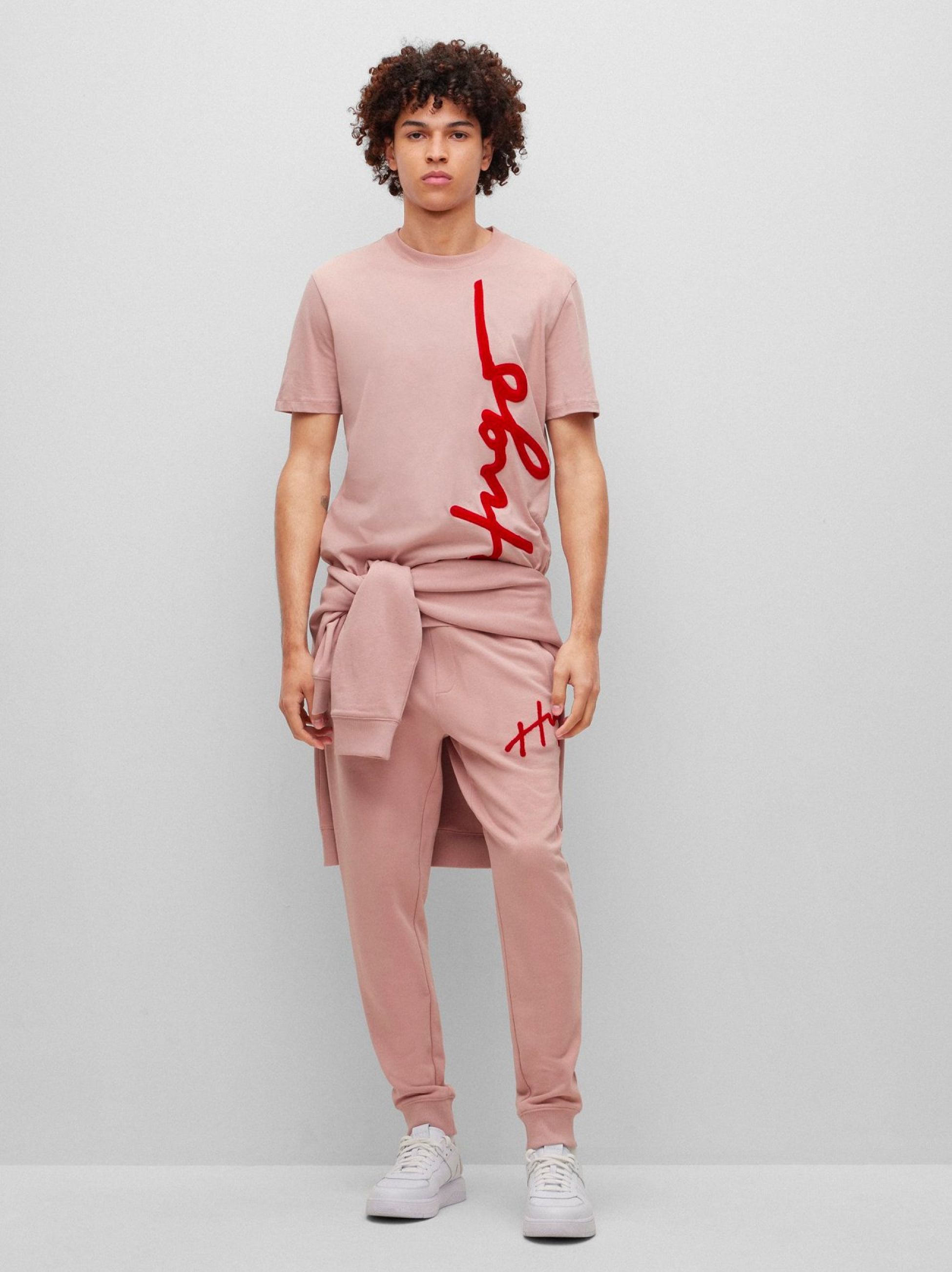 HUGO Light Pastel Pink Dyton Oversized Logo Embroidered T-Shirt ...