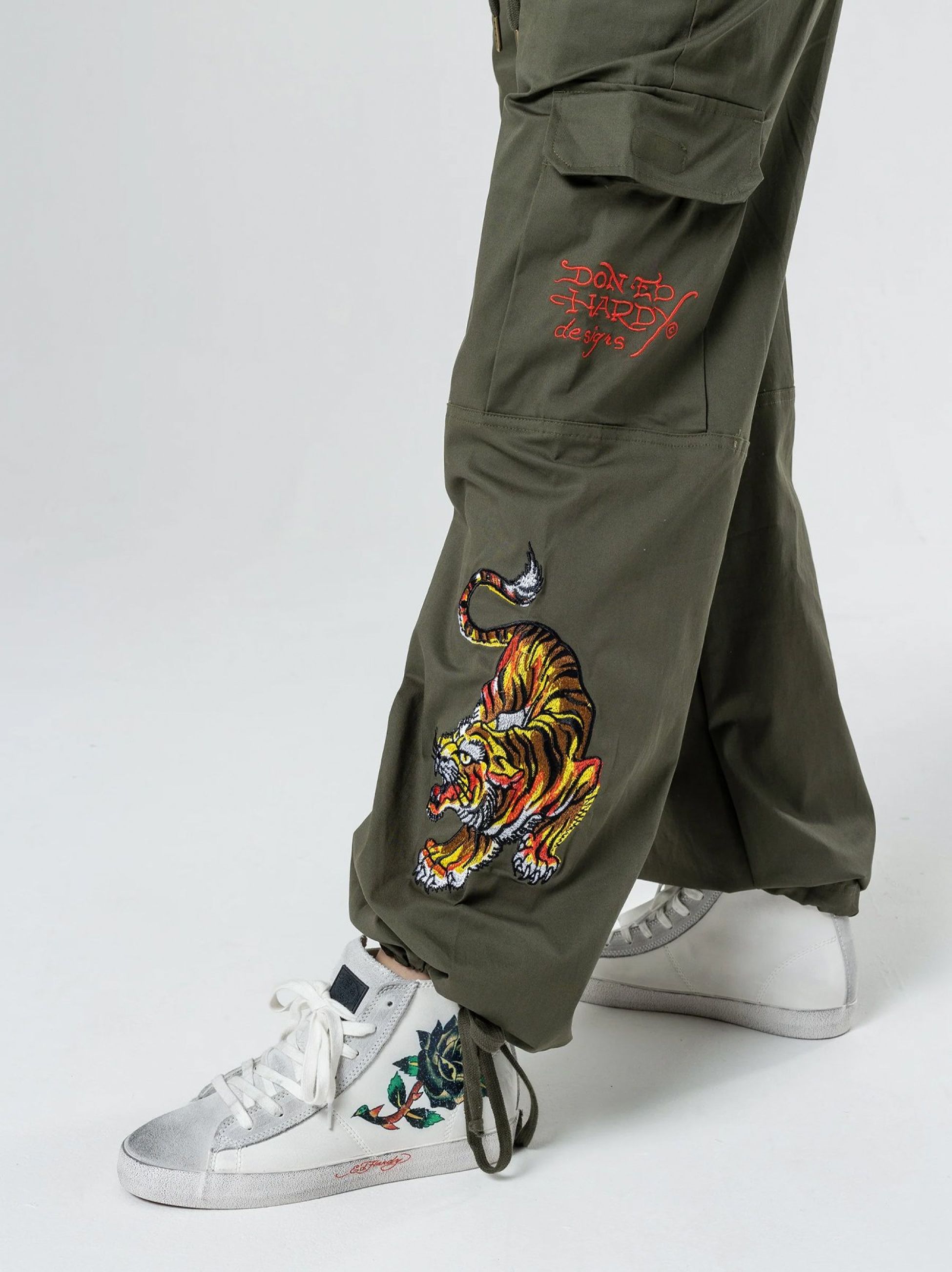 Ed Hardy Womens Dusty Olive Tiger Cargo Pant | Designerwear