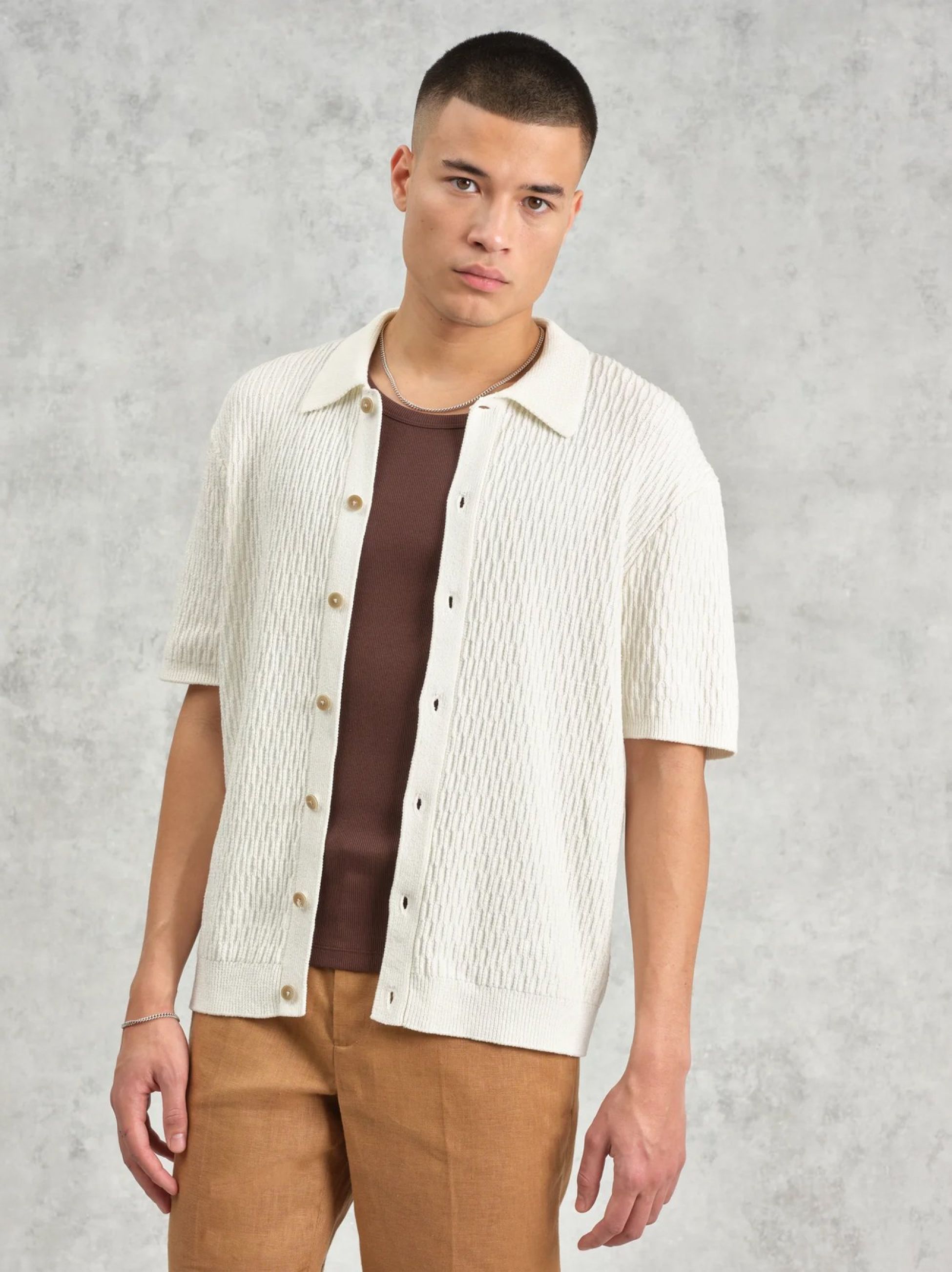 Wax London Mens Cable Ecru Tellaro Honeycomb Cable Shirt | Designerwear