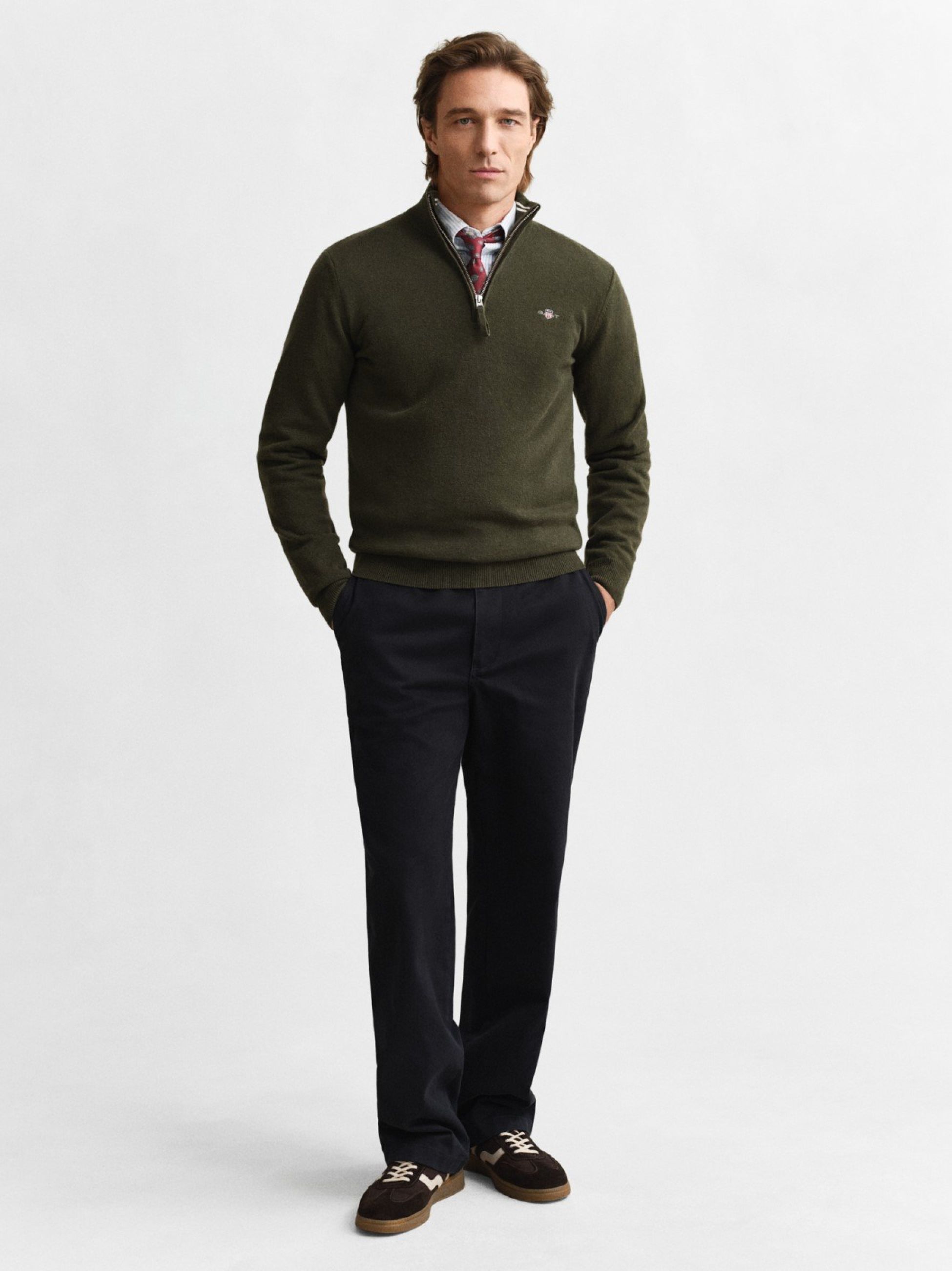 GANT Mens Khaki Green Melange Superfine Lambswool Half Zip Sweater ...