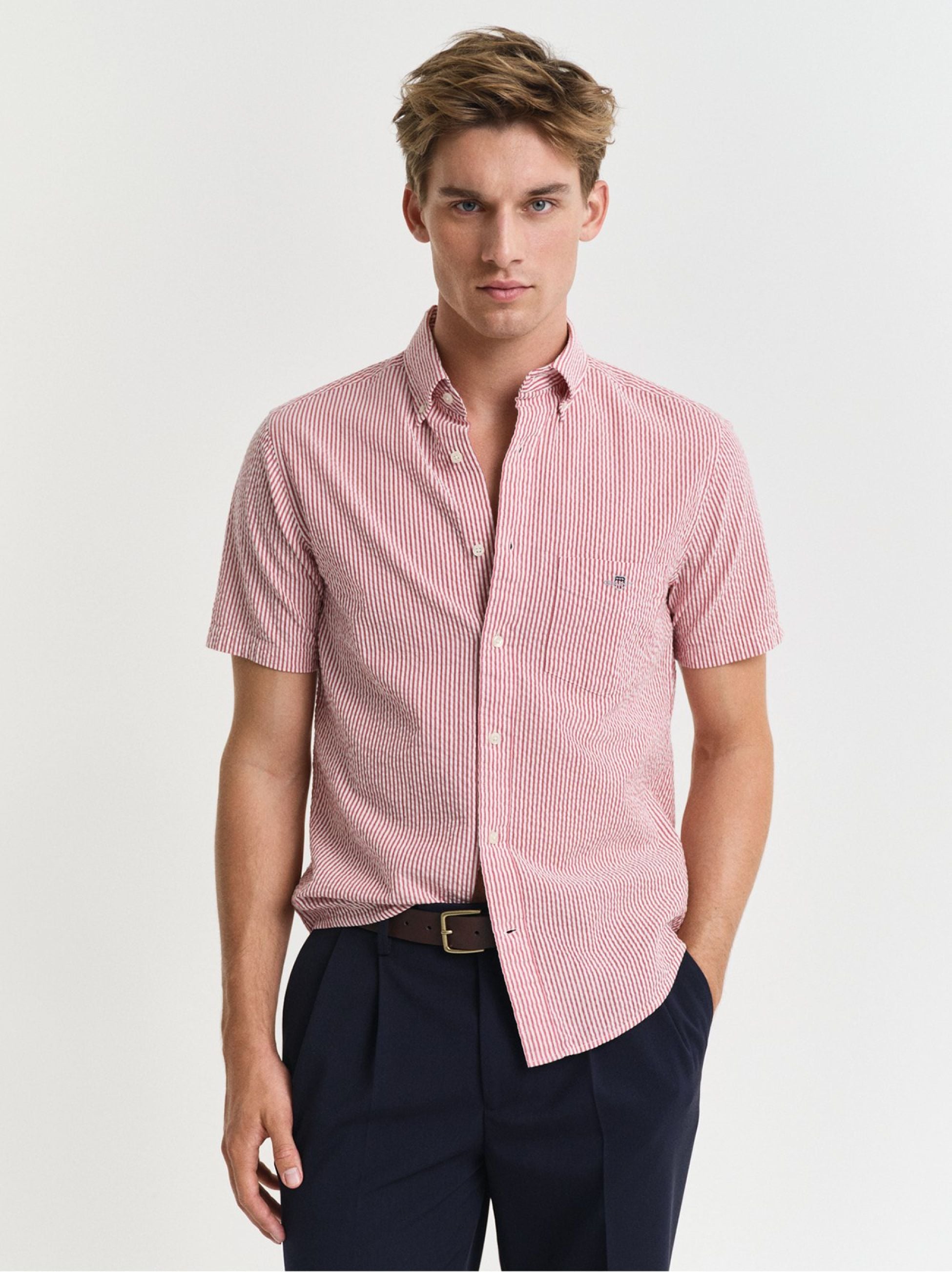 GANT Mens Ruby Red Seersucker Stripe Shirt | Designerwear