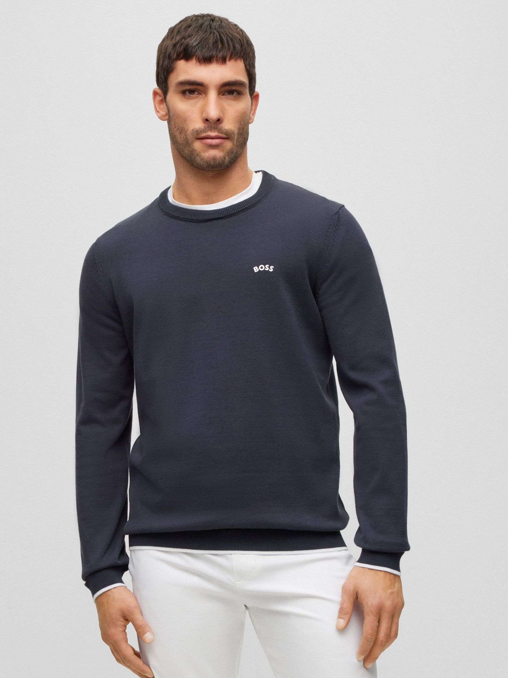 BOSS Dark Blue Rallo Curved Logo Sweater | Designerwear | Buy Now Pay ...