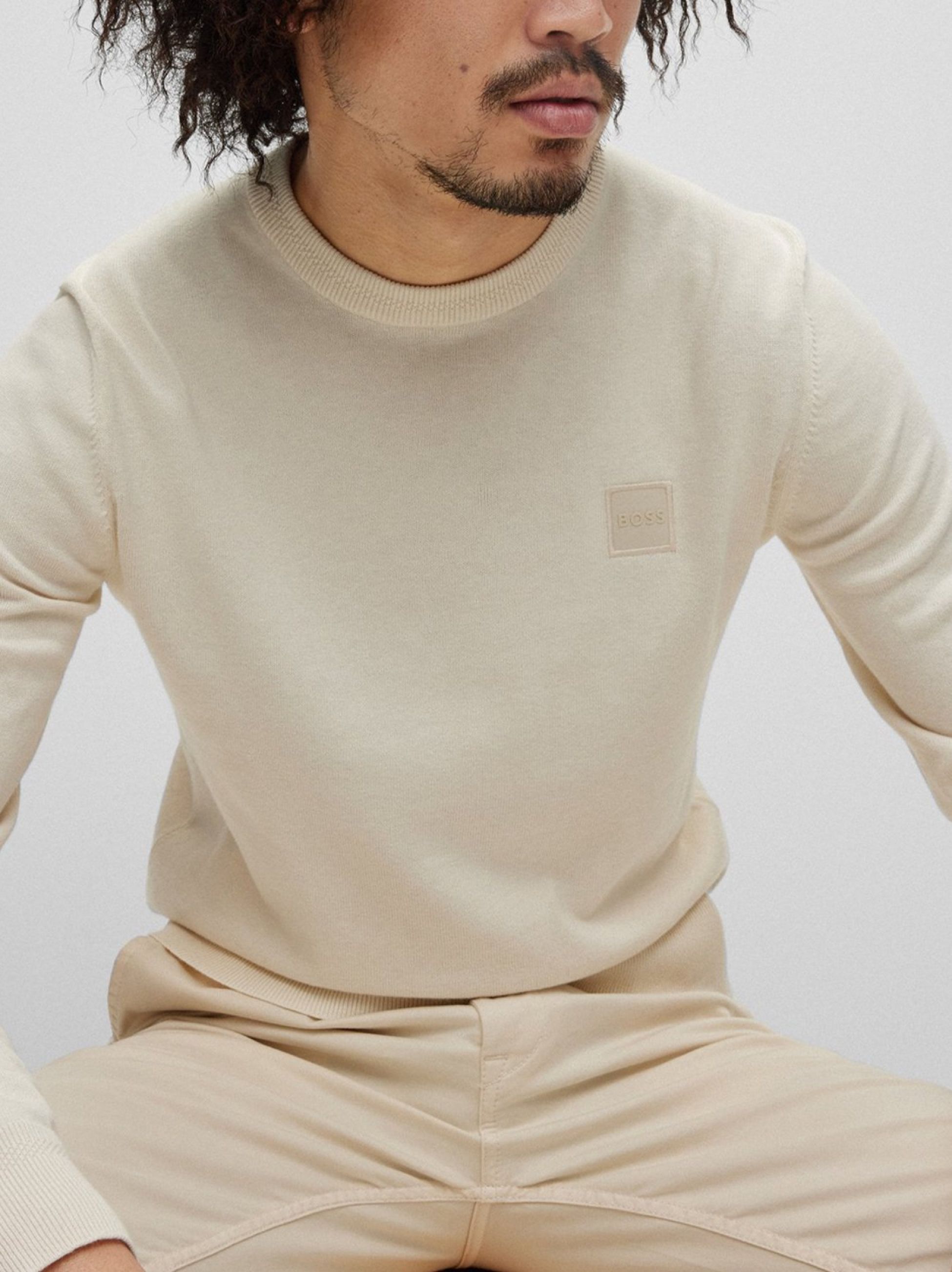 BOSS Light Beige Kanovano Crew Neck Logo Sweater | Designerwear | Buy ...