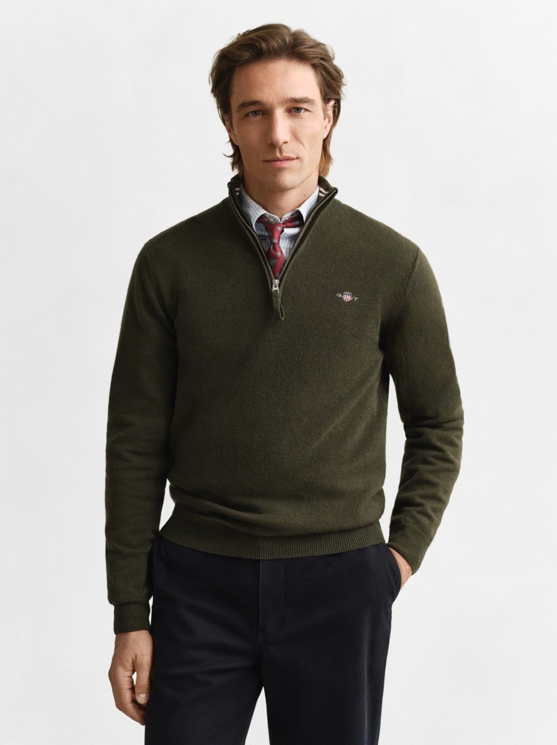 GANT Mens Khaki Green Melange Superfine Lambswool Half Zip Sweater ...