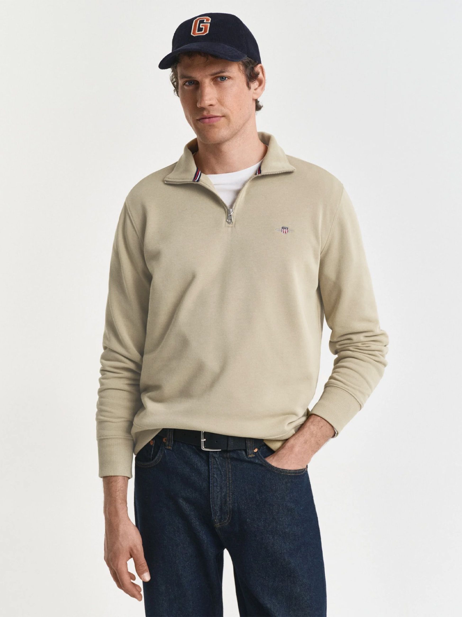 Gant Mens Silky Beige Shield Half Zip Sweatshirt | Designerwear