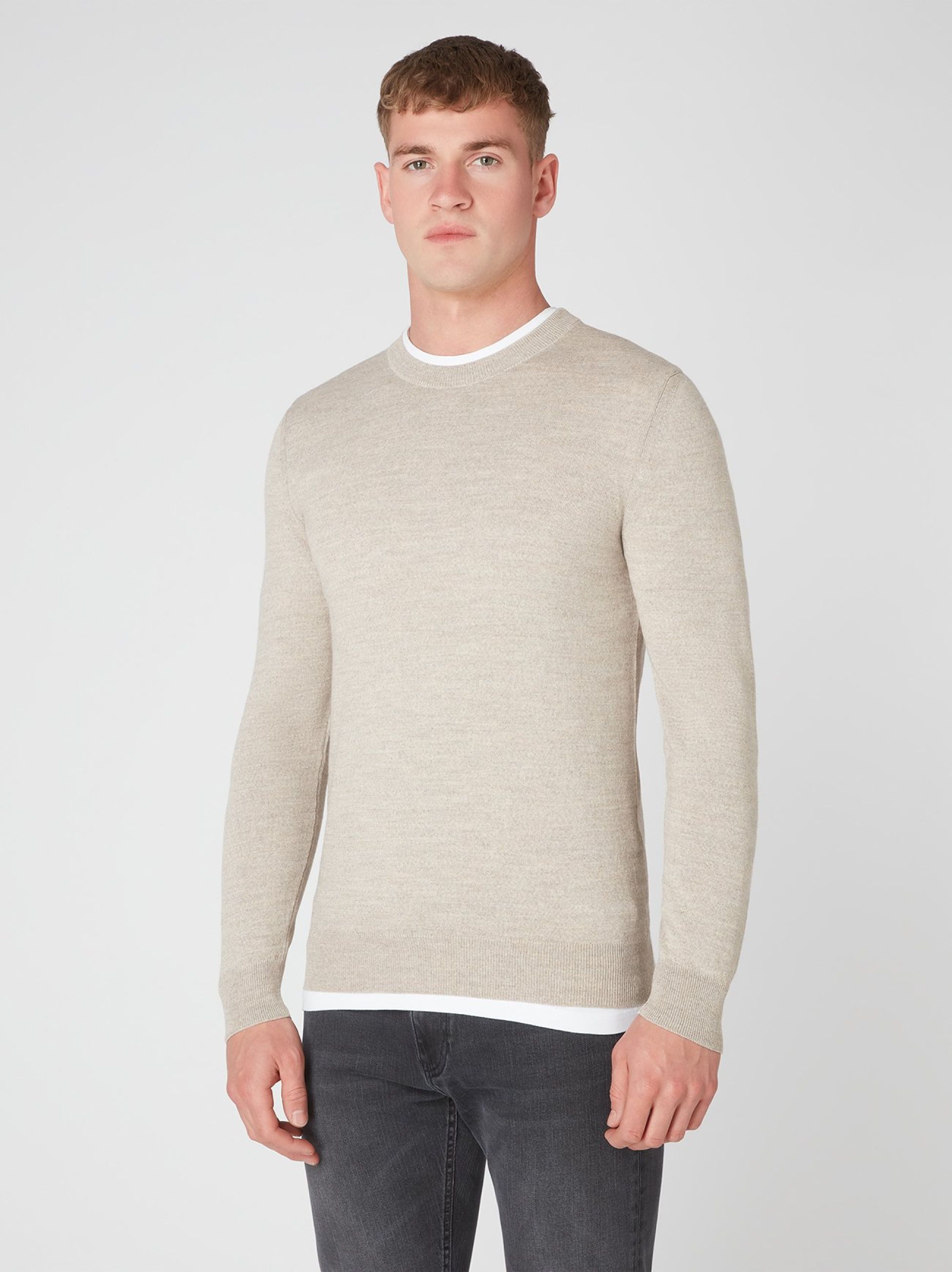 Remus Uomo Mens Oatmeal Tapered Crew Neck Sweater | Designerwear