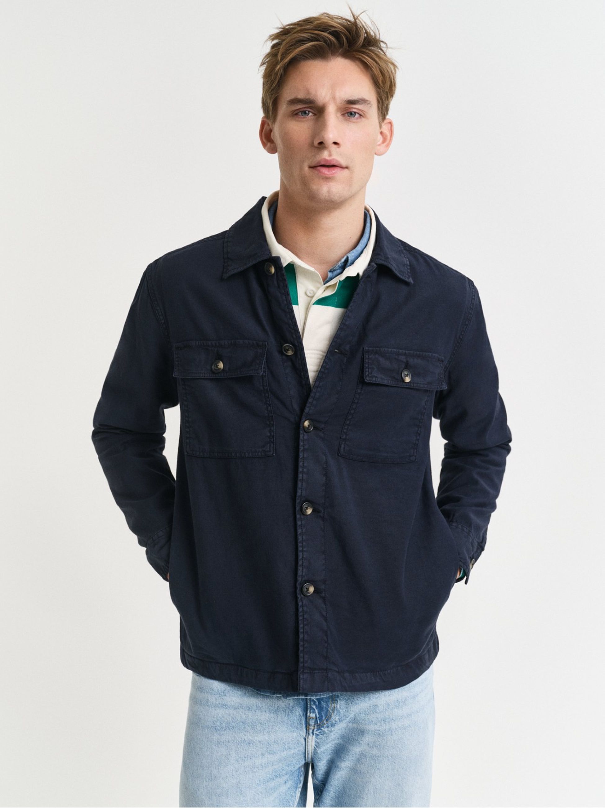 GANT Mens Evening Blue Cotton Linen Overshirt | Designerwear