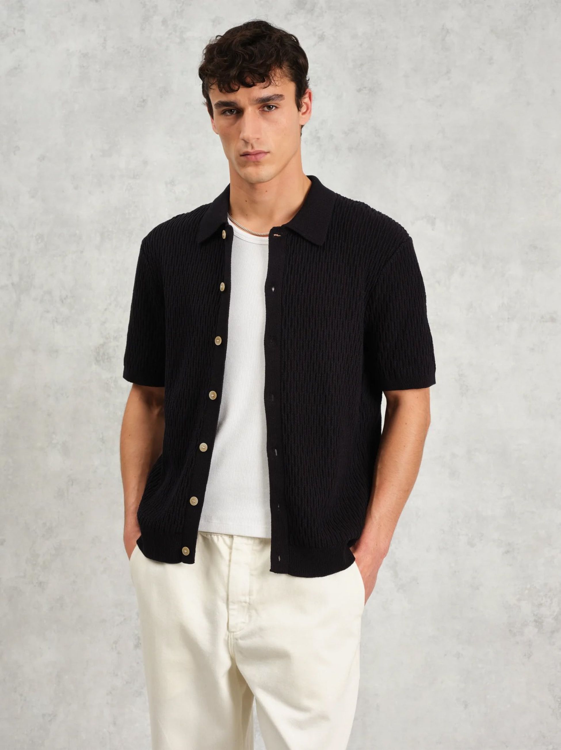 Wax London Mens Cable Navy Tellaro Honeycomb Cable Shirt | Designerwear